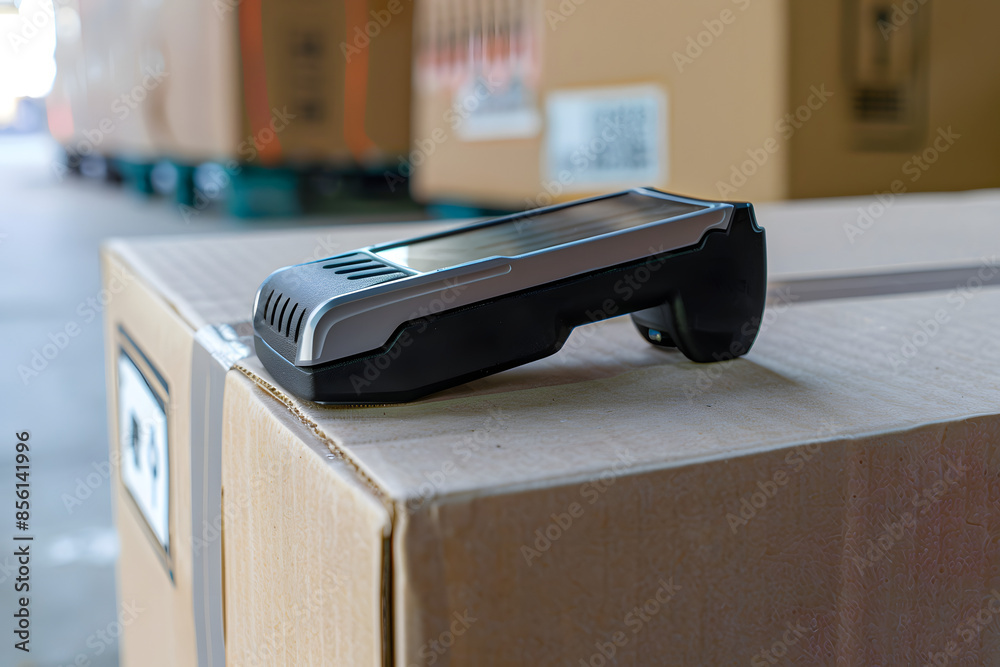 handheld barcode scanner to scan boxes in a warehouse. The image ...