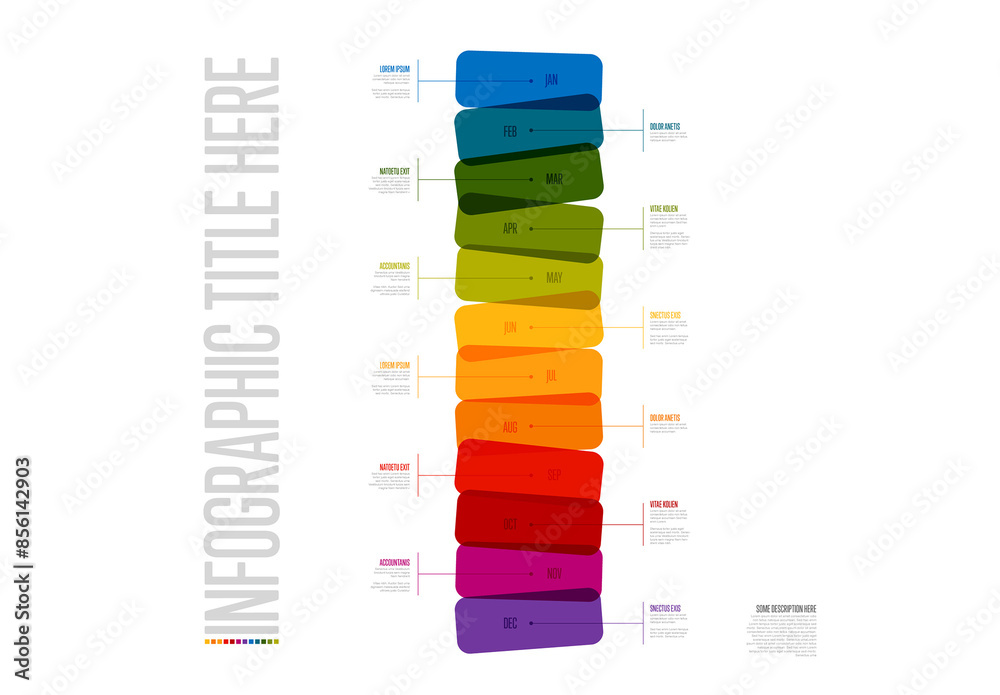 Full year timeline template with month names and rainbow color ...