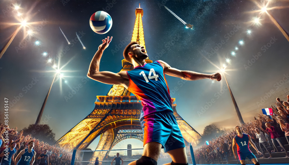 Olympic Volleyball Victory Under the Eiffel Tower. Olympics Paris 2024 ...