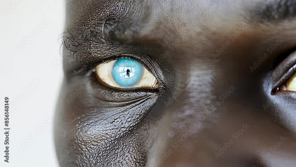 a dark-skinned man with a bright blue eye. The image shows half of the face, highlighting the ...