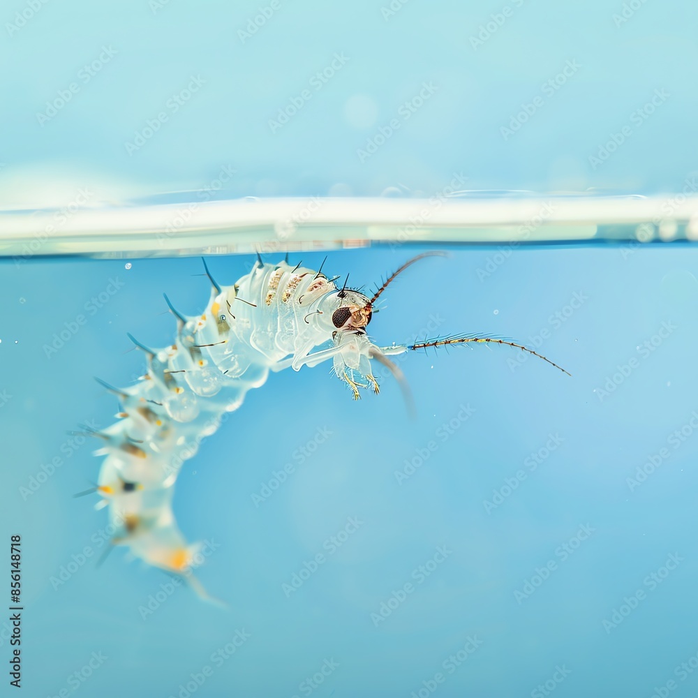 Close-up of a transparent aquatic insect larva swimming in clear blue ...