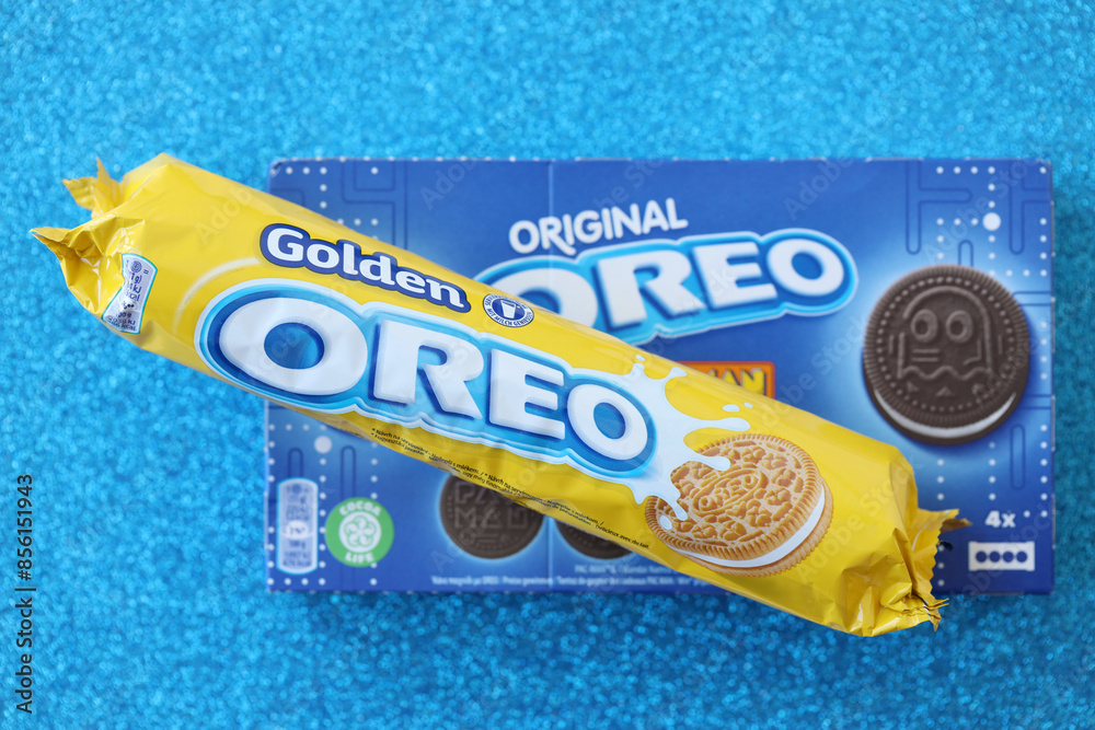 KYIV, UKRAINE - APRIL 20, 2024 Oreo Golden and pac-man crispy cookies ...