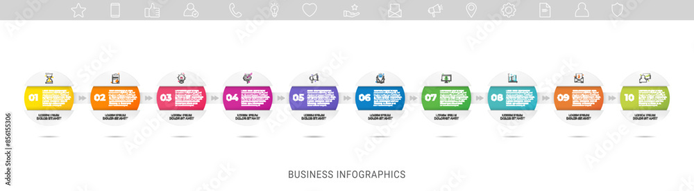 Business vector infographics with 10 circles and arrows. Timeline ...