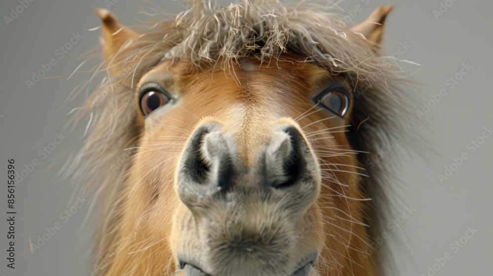 A tight shot of a horse's face, adorned with long mane atop its head ...