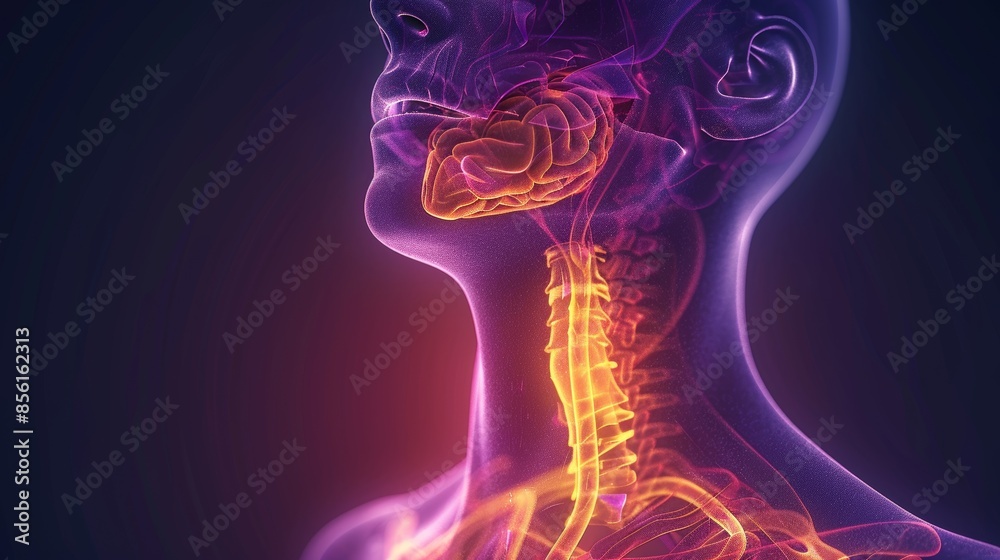 3D illustration of the human throat anatomy highlighting the esophagus ...