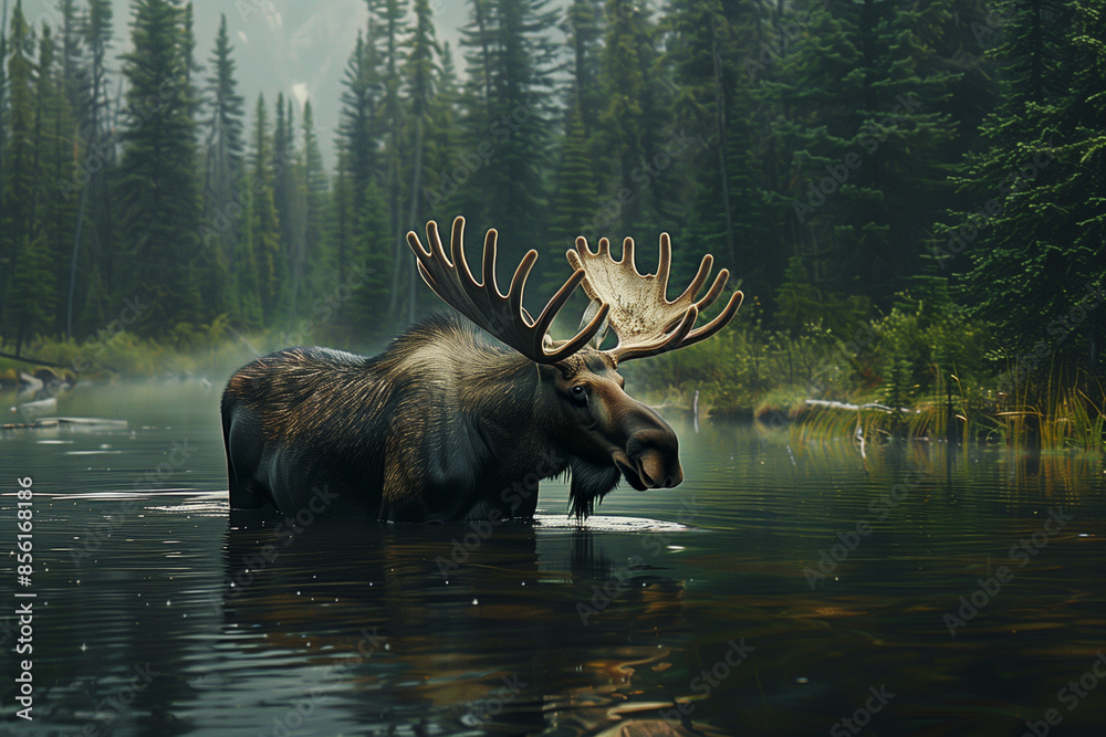 A large moose is in a body of water, with its head sticking out of the ...