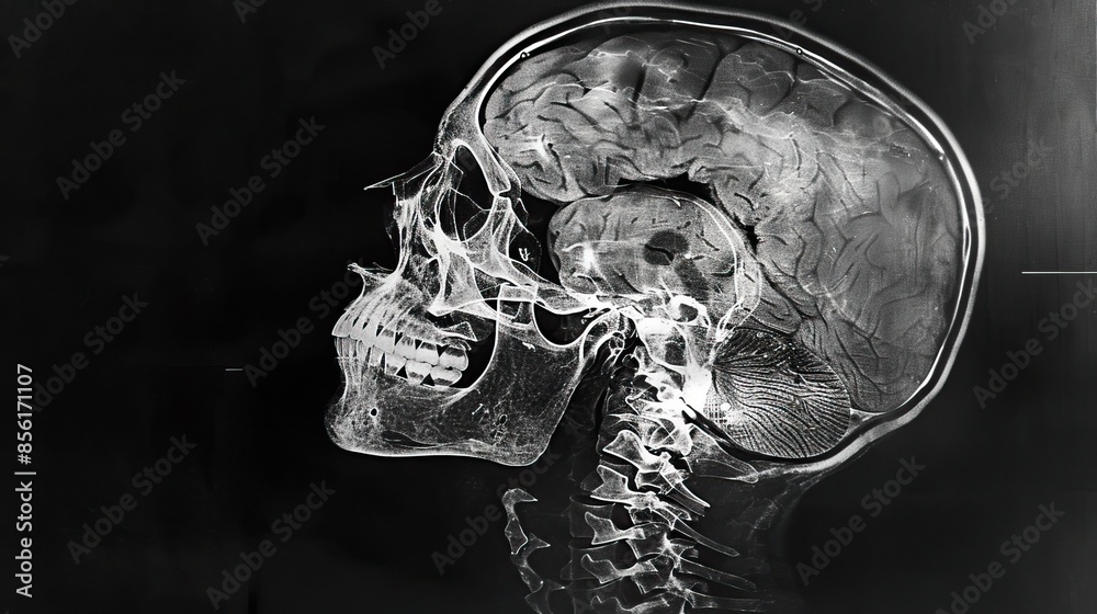 A comprehensive Xray view of the brain, with cranial bones and ...