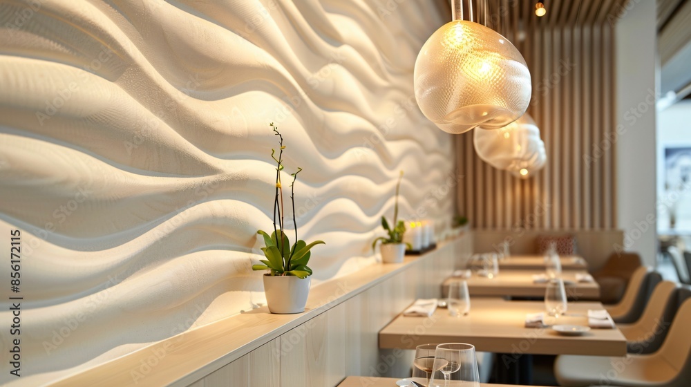 A chic restaurant interior featuring wavy wall panels and wavy glass ...