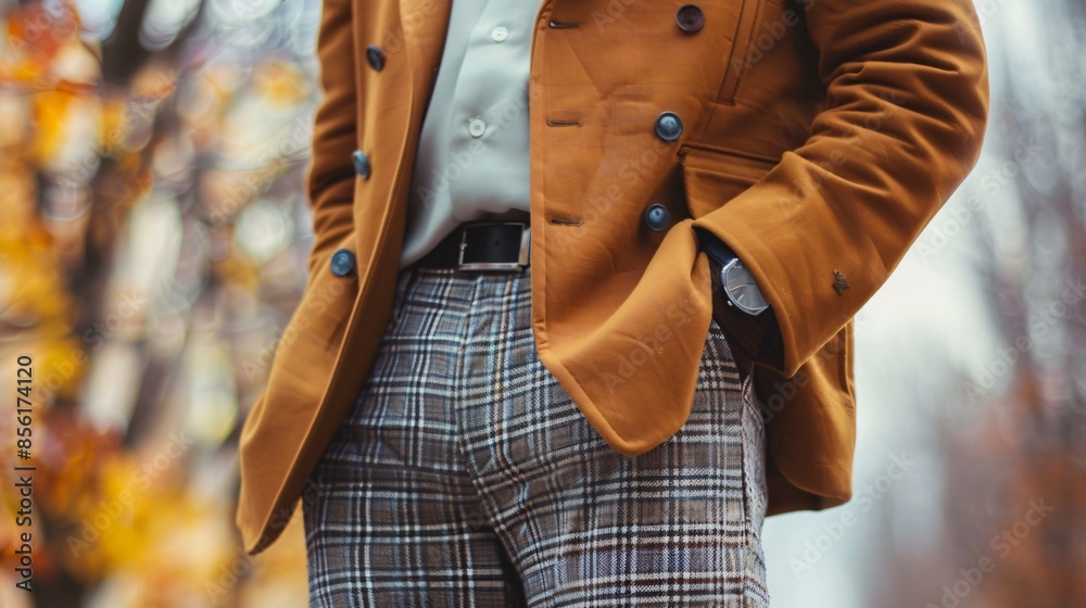 An individual wearing a stylish outfit, photographed from the neck down ...