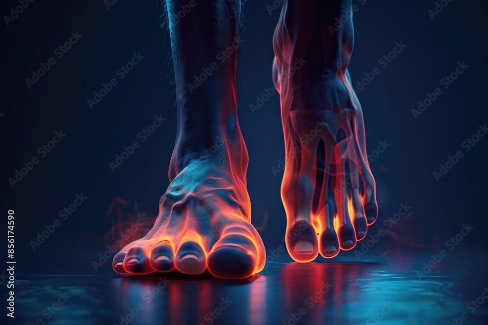 Transparent feet with glowing bones, joint pain, fungal infection ...