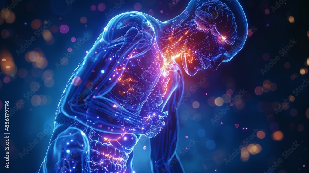 Human body with glowing neurons and synapses, representing pain, nerve ...