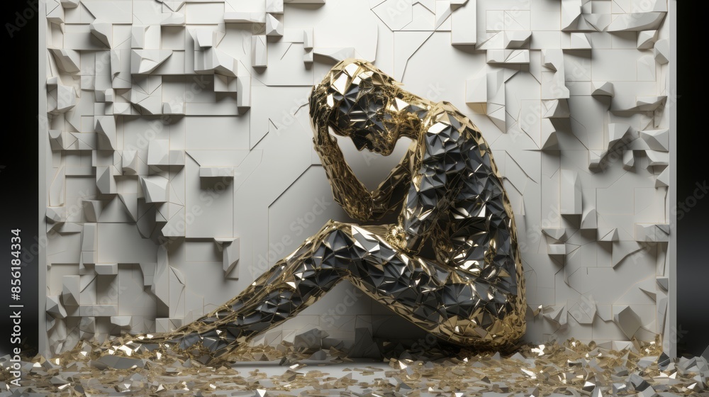 Abstract sculpture of a polygon-studded person in a pose that depicts ...