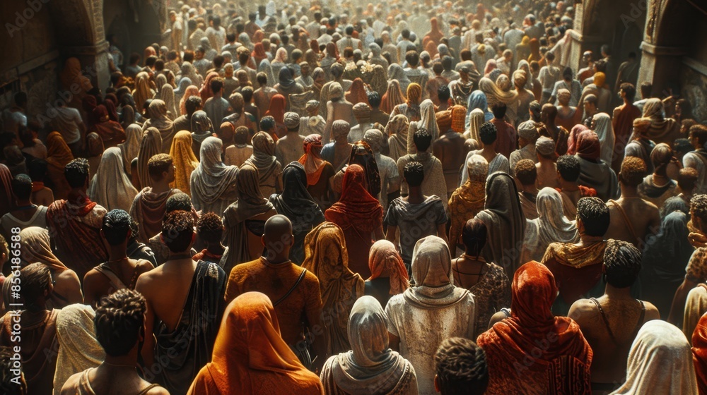 An impressive crowd simulation features a large group of people ...