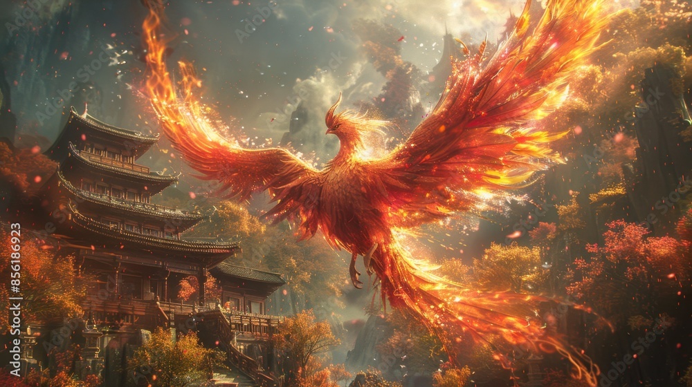 Amidst the ruins of an ancient temple, a phoenix rises from the ashes ...