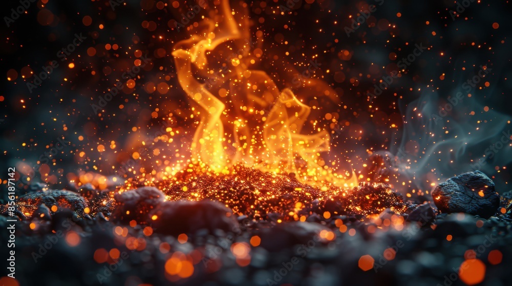 A close-up of a blacksmith's forge, where sparks fly as a hammer ...