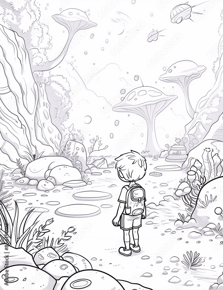 Coloring pages for kids, cute and funny and kawaii A boy is exploring ...