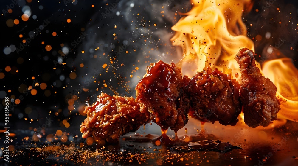 Firey Spicy Flaming Fried Chicken On Black Background Symbolizing Spice ...