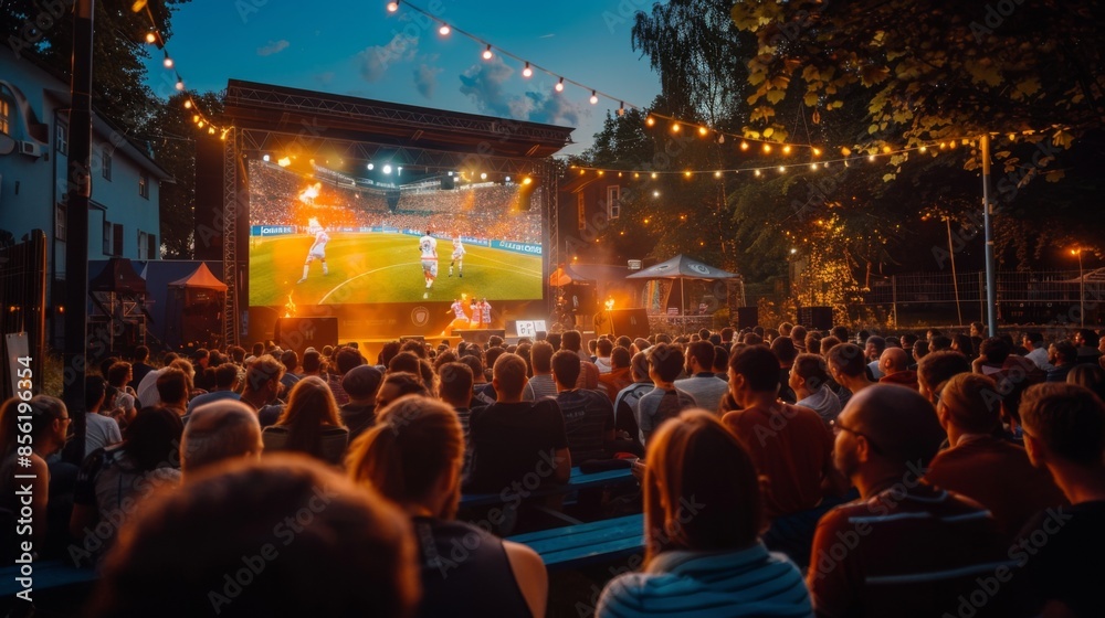 Crowd of football fans are enjoying the atmosphere at an outdoor fan ...