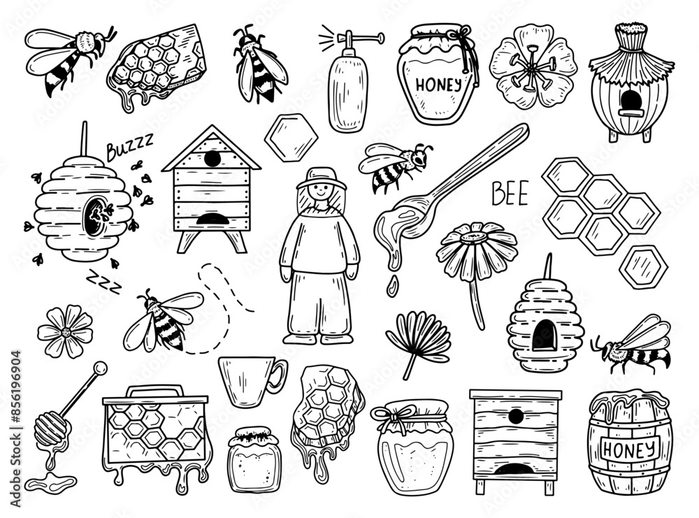 Honey apiary doodle clipart. Sweet farm, beekeeper, bee, wax, hive ...