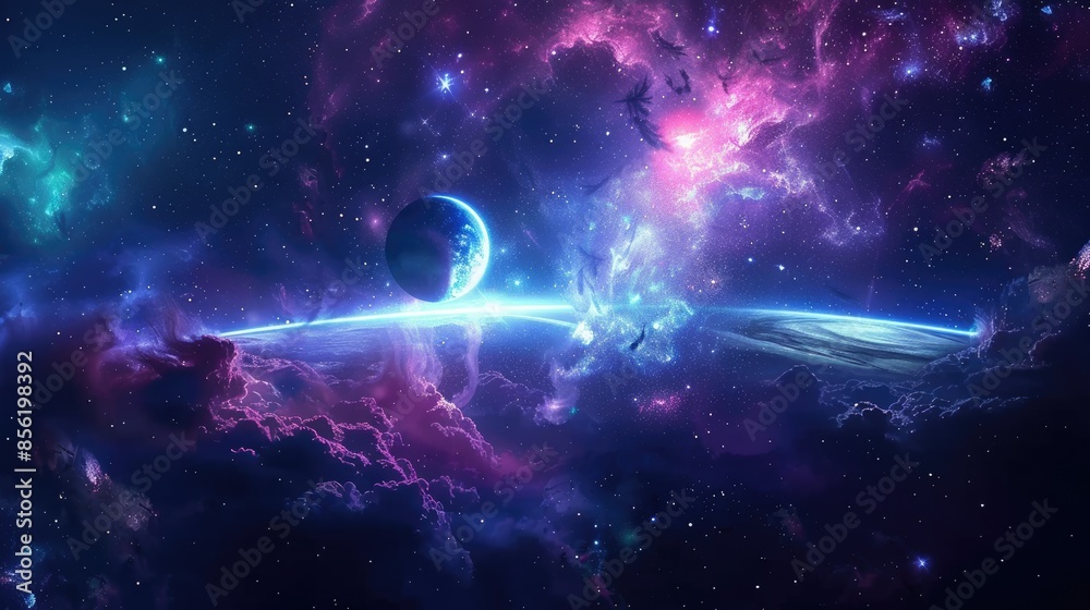 Abstract space background with a surreal cosmic landscape, transporting ...