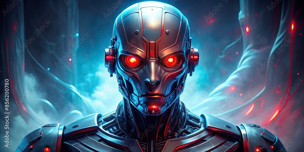 Futuristic red-eyed evil robot with blue aura background, robot ...