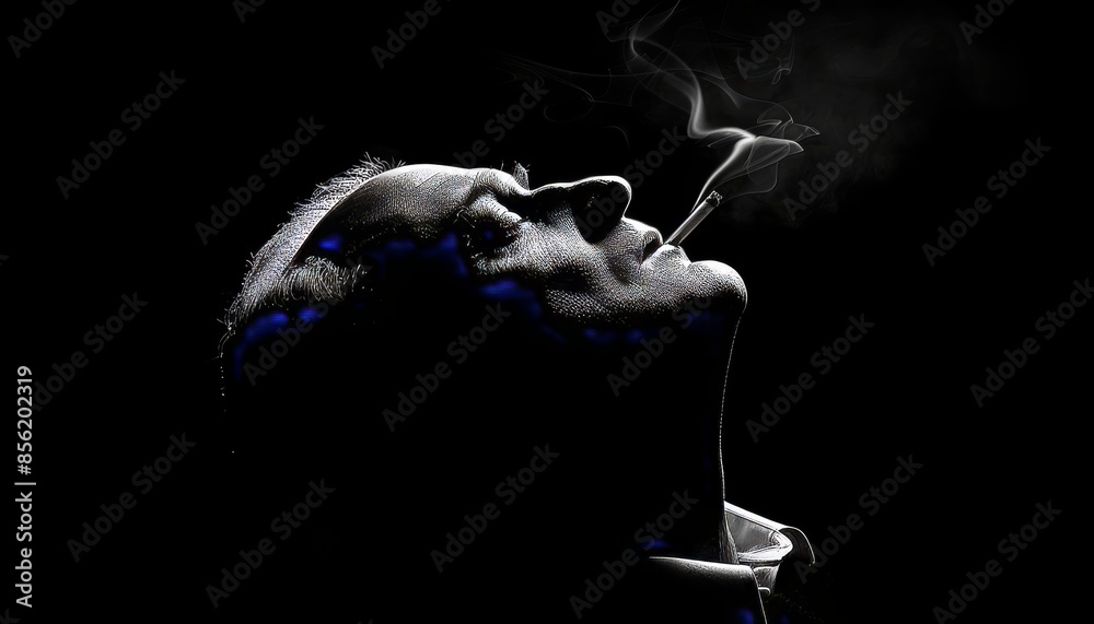 Monochrome photo of an individual smoking a cigarette, depicted in ...