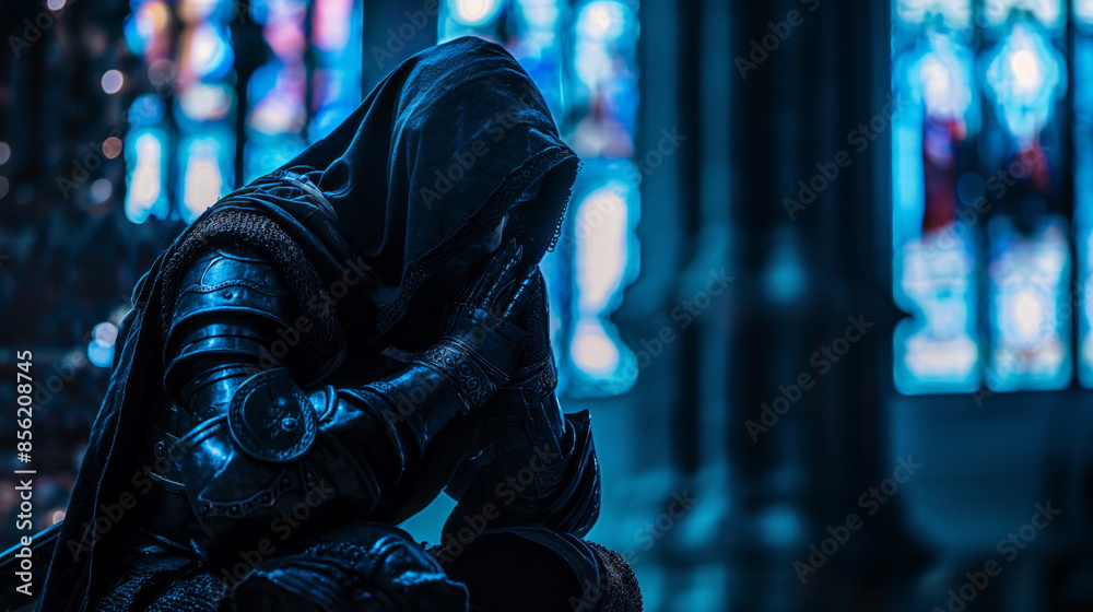 Foto de medieval knight kneeling in prayer inside a Gothic cathedral ...