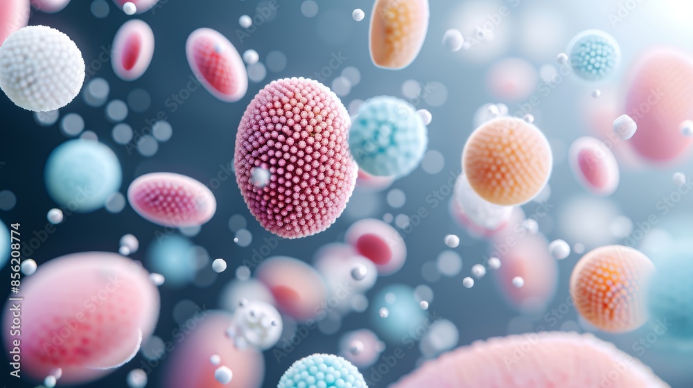 Colorful mold spores under a microscope, round shapes illuminated with ...