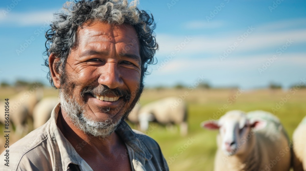 A joyful shepherd with a gray beard and curly hair smiling broadly ...
