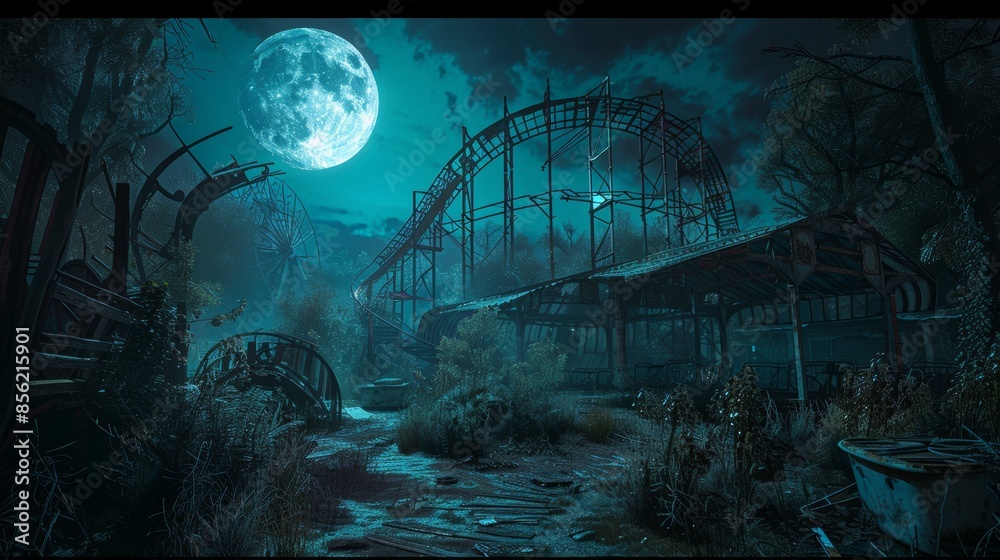 Eerie Abandoned Amusement Park Under Full Moon with Overgrown Vegetation and Rusting Rides Stock ...