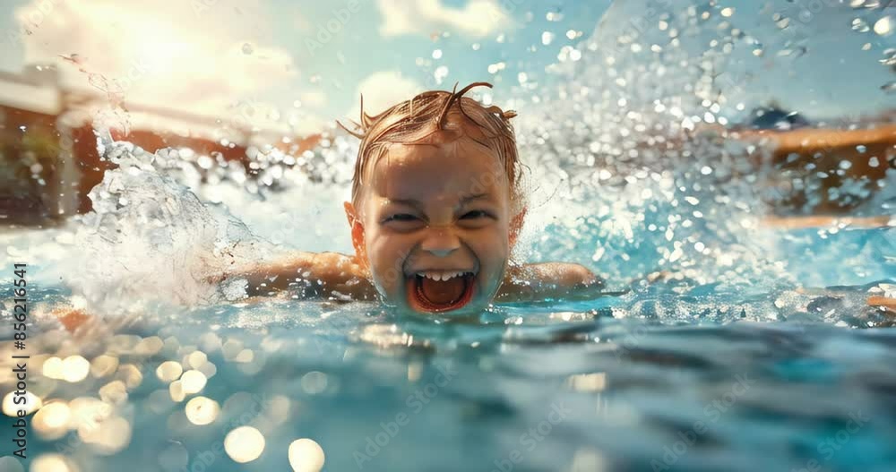 Child having fun, creating a big splash after a daring jump into the ...