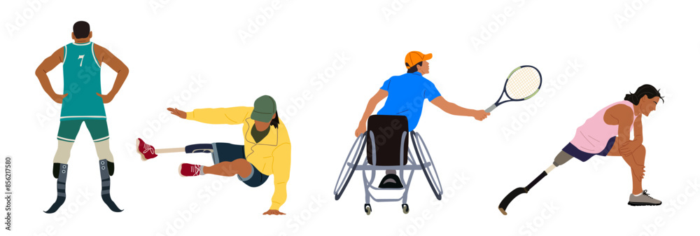 Set of diverse sport people with disabilities. Athletes with prosthetic ...