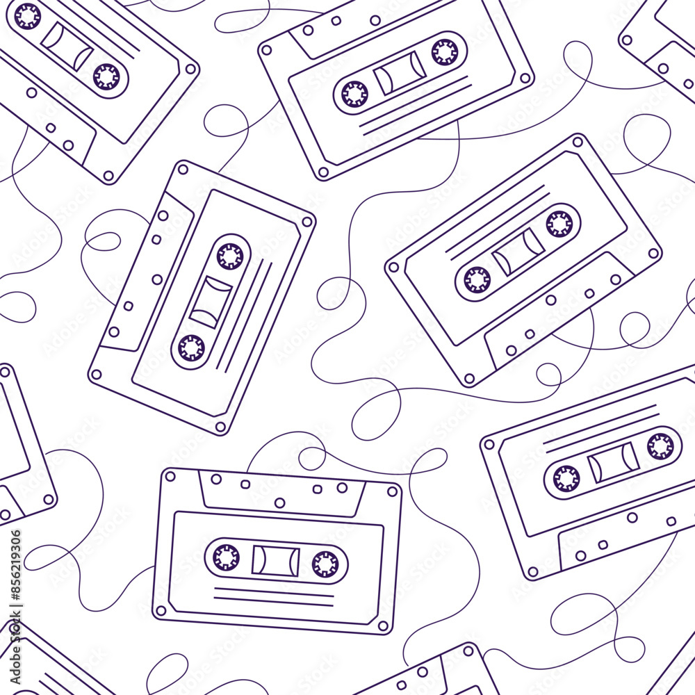 90s retro elements. Seamless pattern of cassettes with audio tapes ...