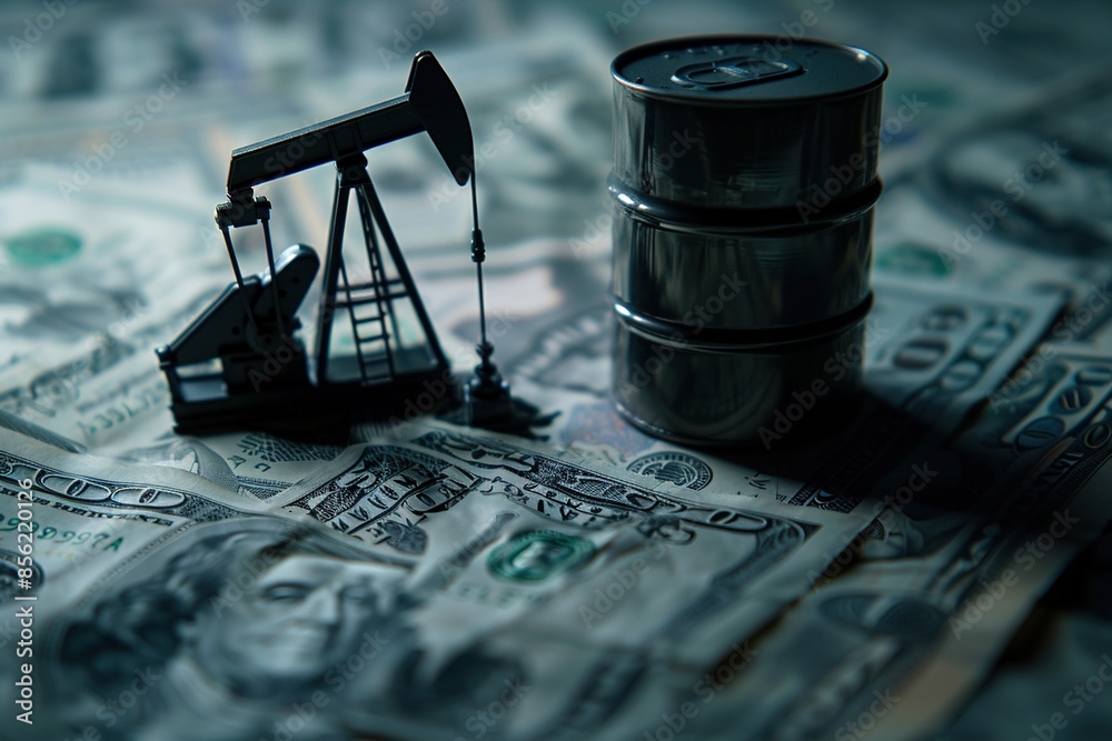 Oil rig and barrel over the 100 us dollar bill. Crude oil, fuel and ...