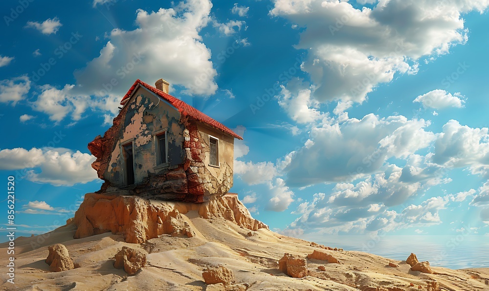 Dramatic contrast of a crumbling house on sand and a sturdy house on a ...