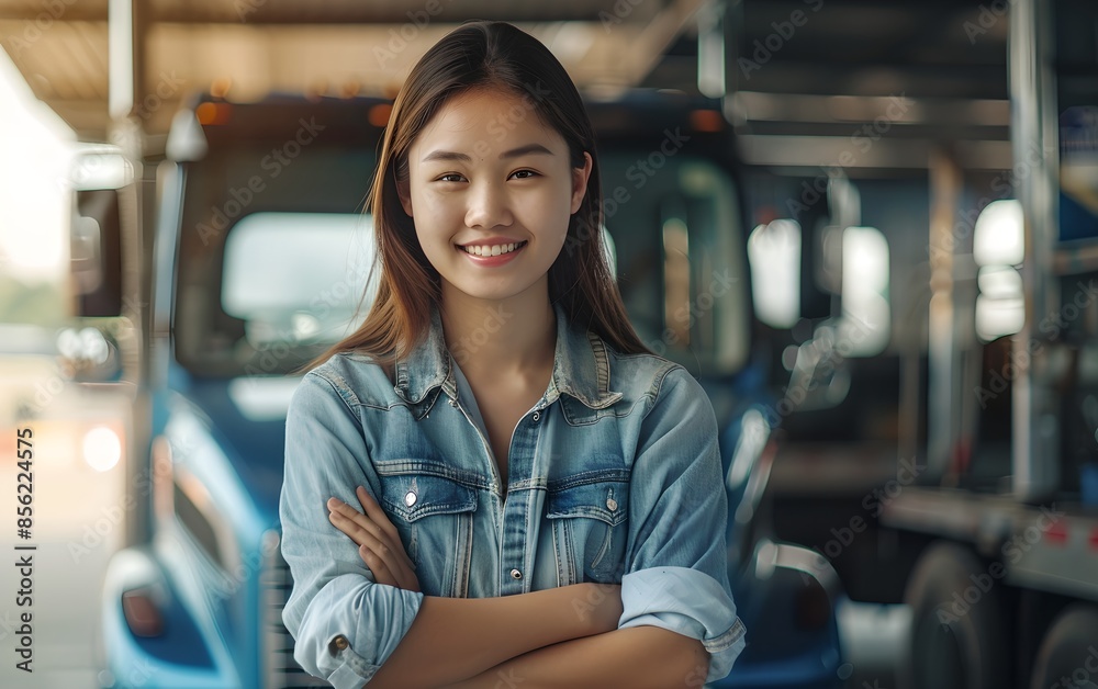 Asian female trucker standing in front of truck. Logistics, trucking ...