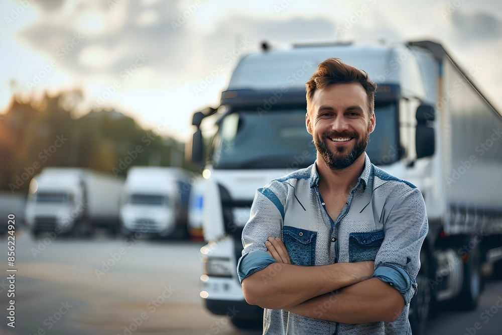 Confident trucker standing in front of white truck. Logistics, trucking ...