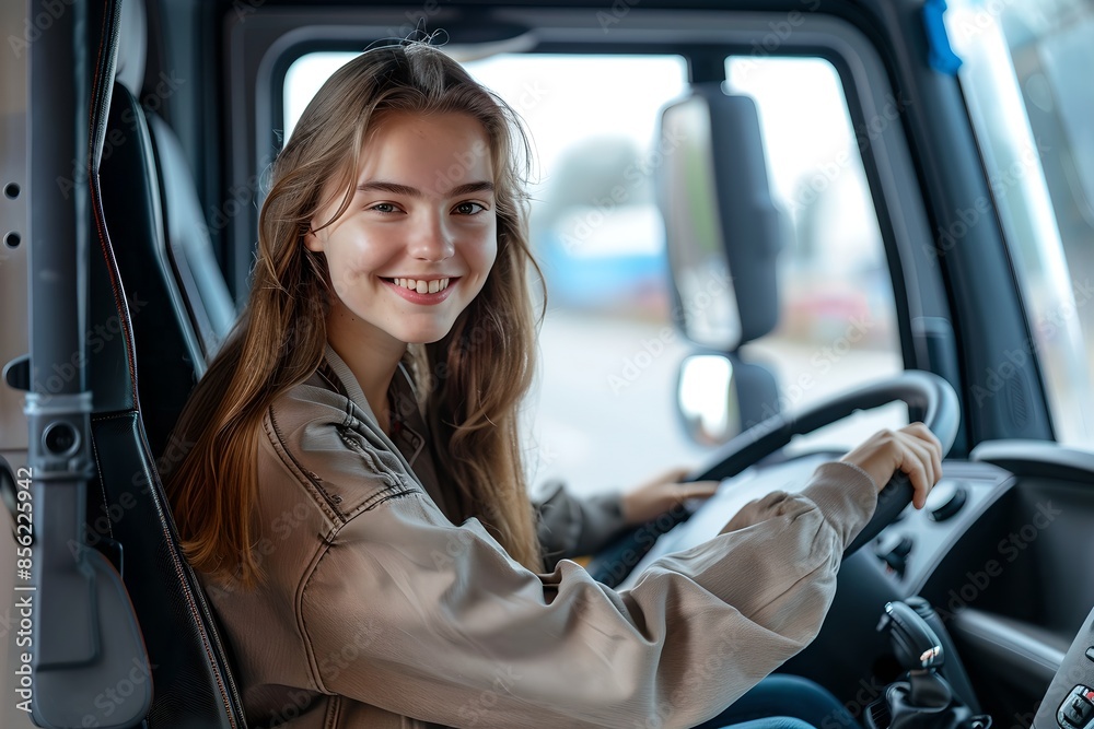 Female trucker sitting in truck cabin and smiling. Logistics, trucking ...
