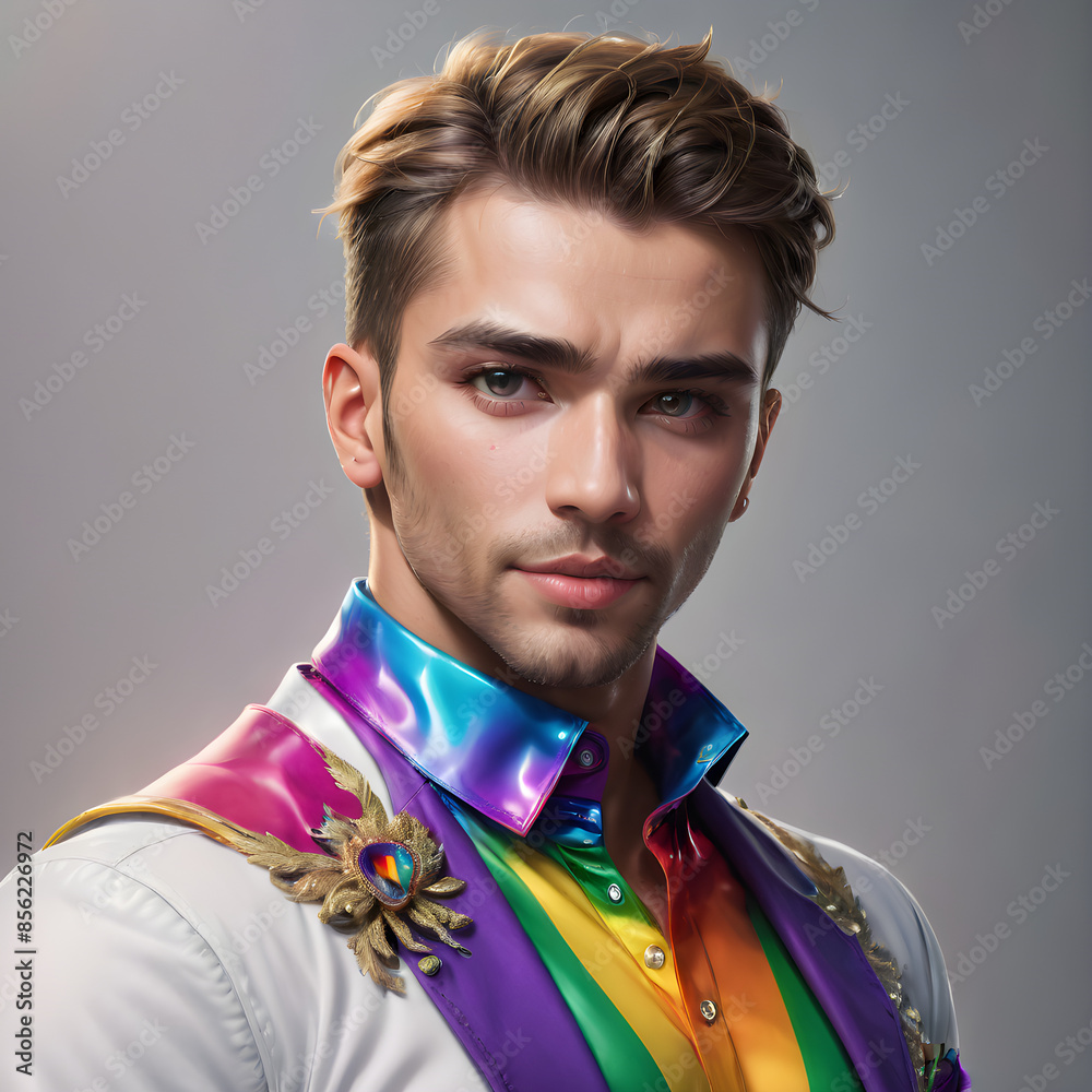 Un chico que parece modelo posa con un colorido atuendo para el pride ...