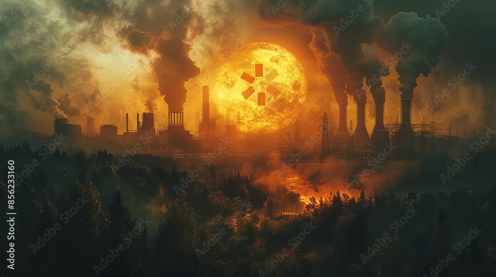 Poster Radiation warning icon, nuclear plant theme, side view ...