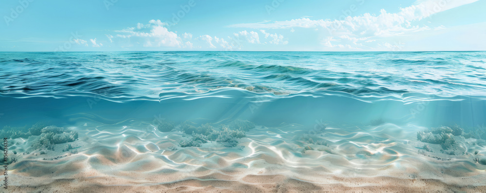 A serene blue ocean background with gentle waves and a soft sandy ...