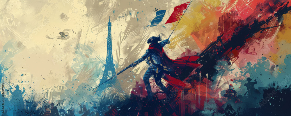 Bastille Day background with a historic depiction of the storming of ...