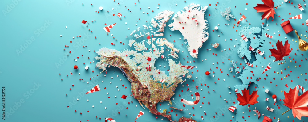 Canada Day background with a detailed map of Canada decorated with ...