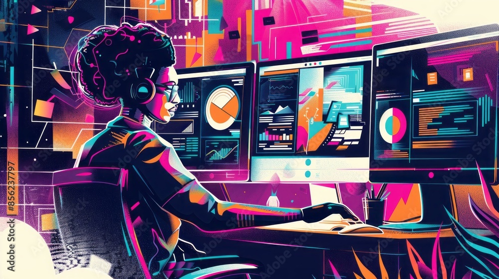 Data scientist analyzing code on multiple monitors. Illustration of a ...