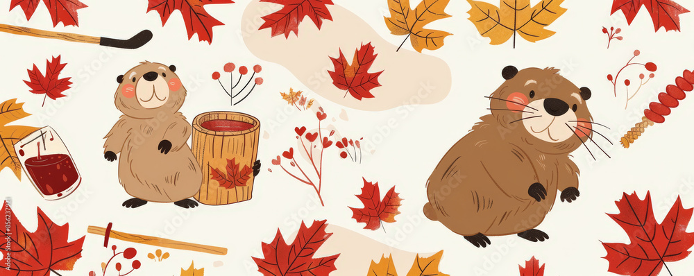 Canada Day background with a playful cartoon style featuring beavers ...