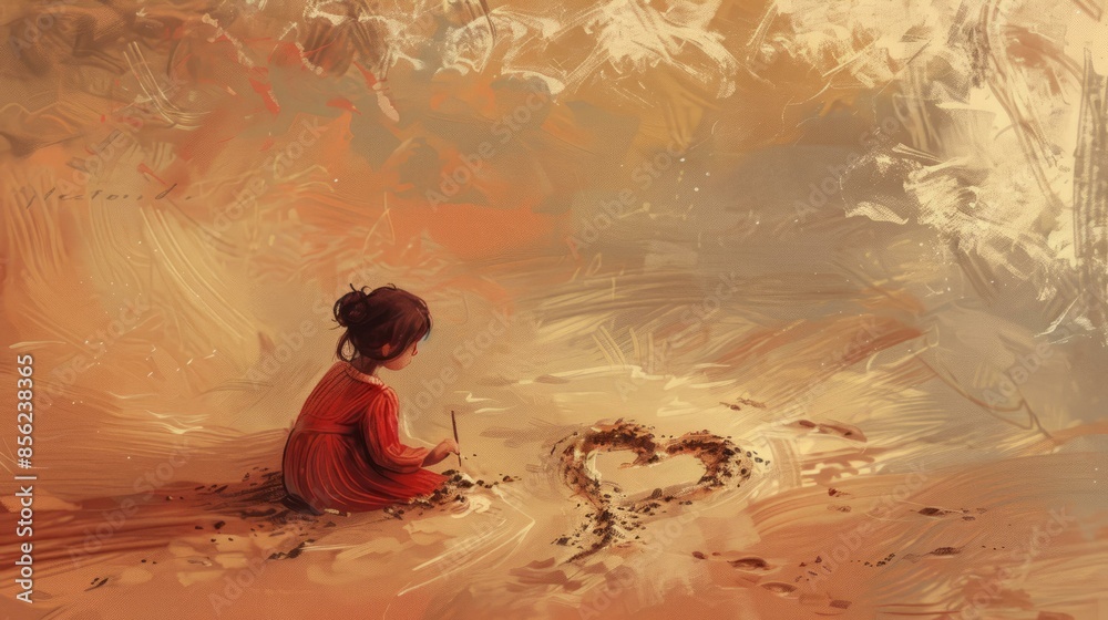 Girl drawing heart in sand. Whimsical illustration of young girl in red ...