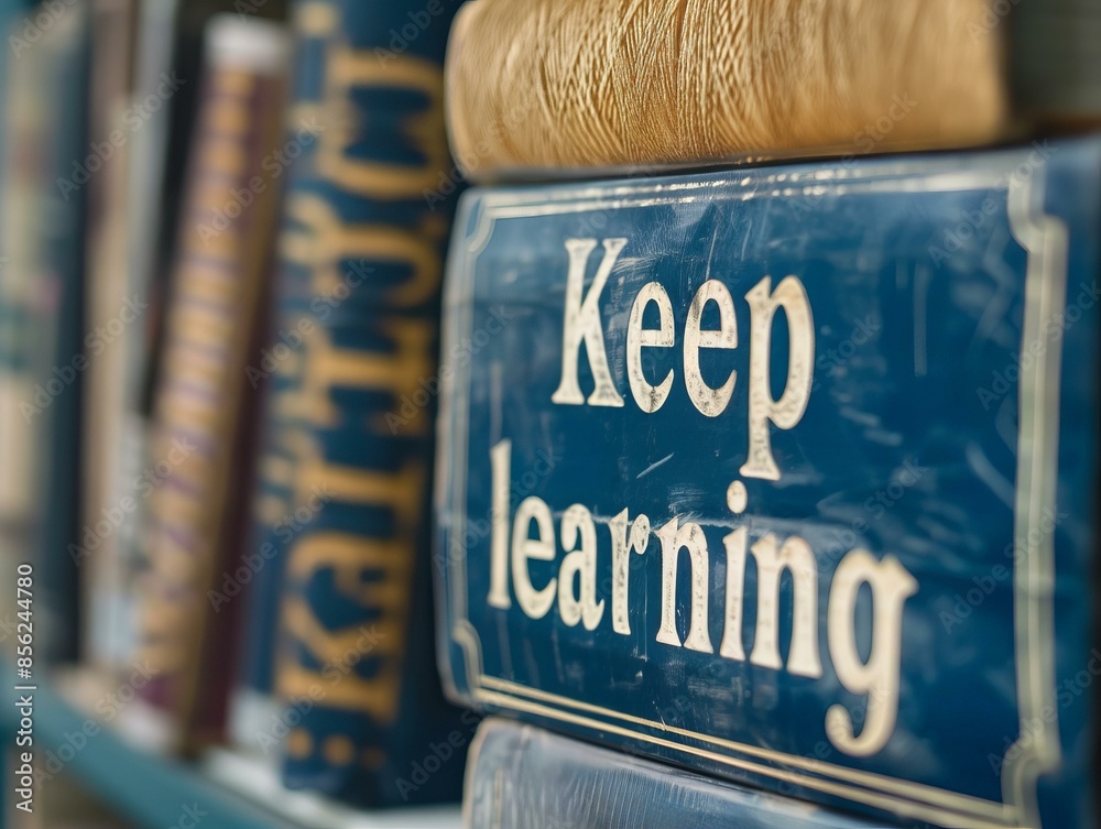 Keep learning sign on bookshelf. Blue sign with the inspirational ...