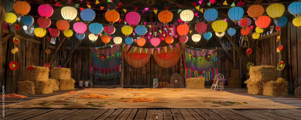 Festa Junina background featuring a rustic barn with colorful paper ...
