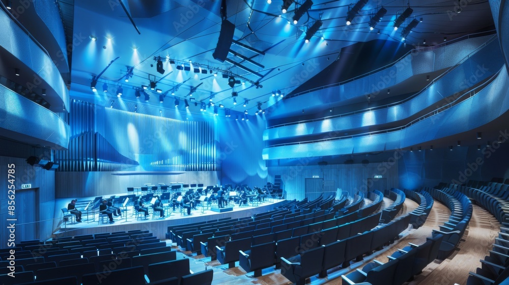 An empty concert hall with a stage lit with blue spotlights and an ...