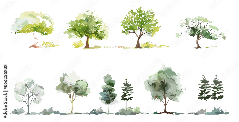 Set of graphics trees elements drawing for architecture and landscape ...